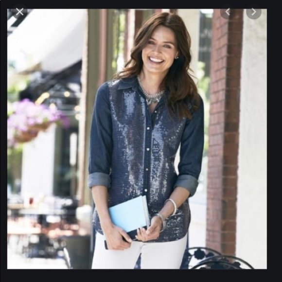 Chico's | Tops | Chicos Sequin Denim Top Size 3 | Poshmark